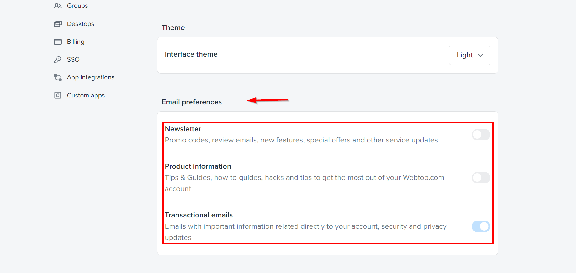 Email notifications settings | Support | Webtop.com